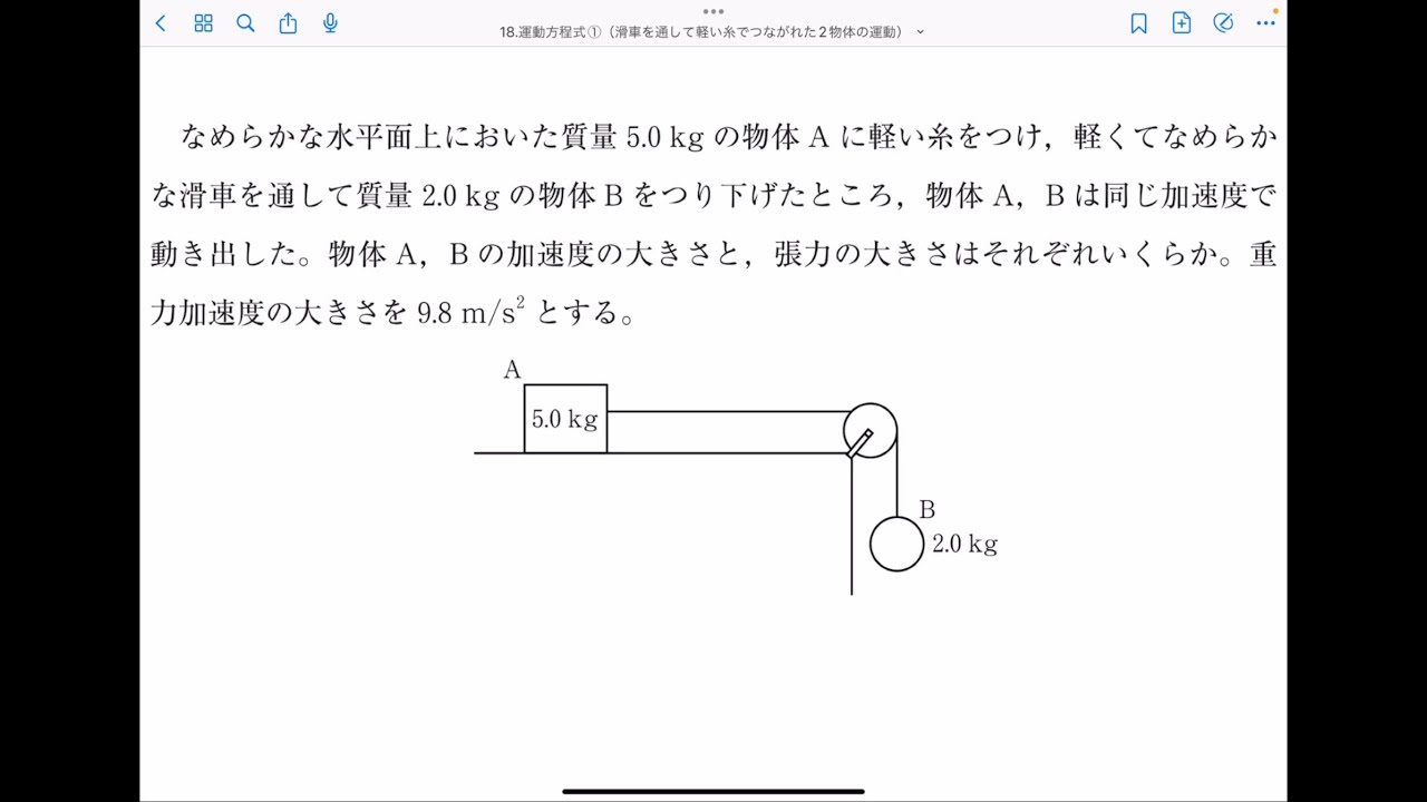 ️超基礎物理 💪力学演習 18運動方程式①(滑車を通して軽い糸でつながれた2物体の運動)〈物理基礎〉 Youtube