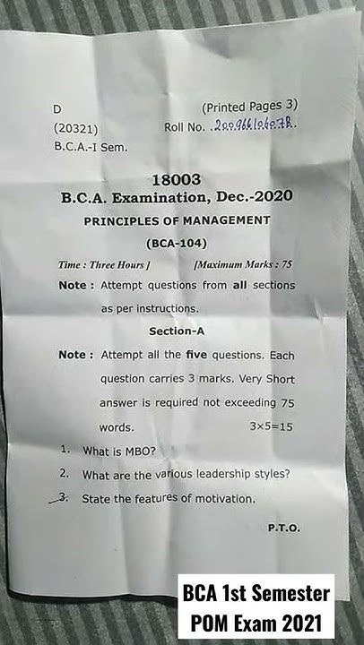 BCA 1st Semester Principle of Management exam 2021 #shorts #BShorts ...