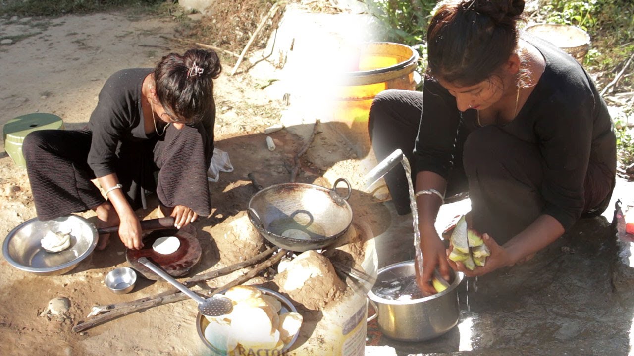 beautiful village girl cooking and eating puri and banana flower pickle ...