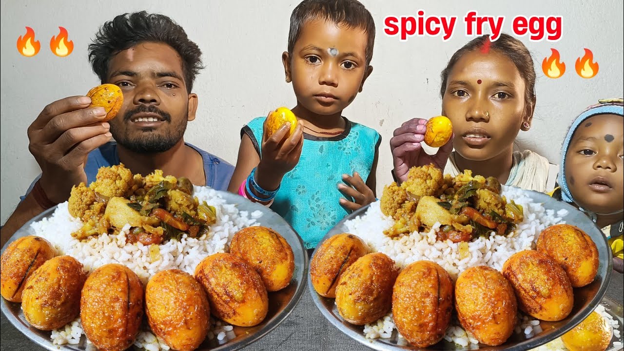 spicy fry egg, cauliflower curry with rice eating | jh eating show ...