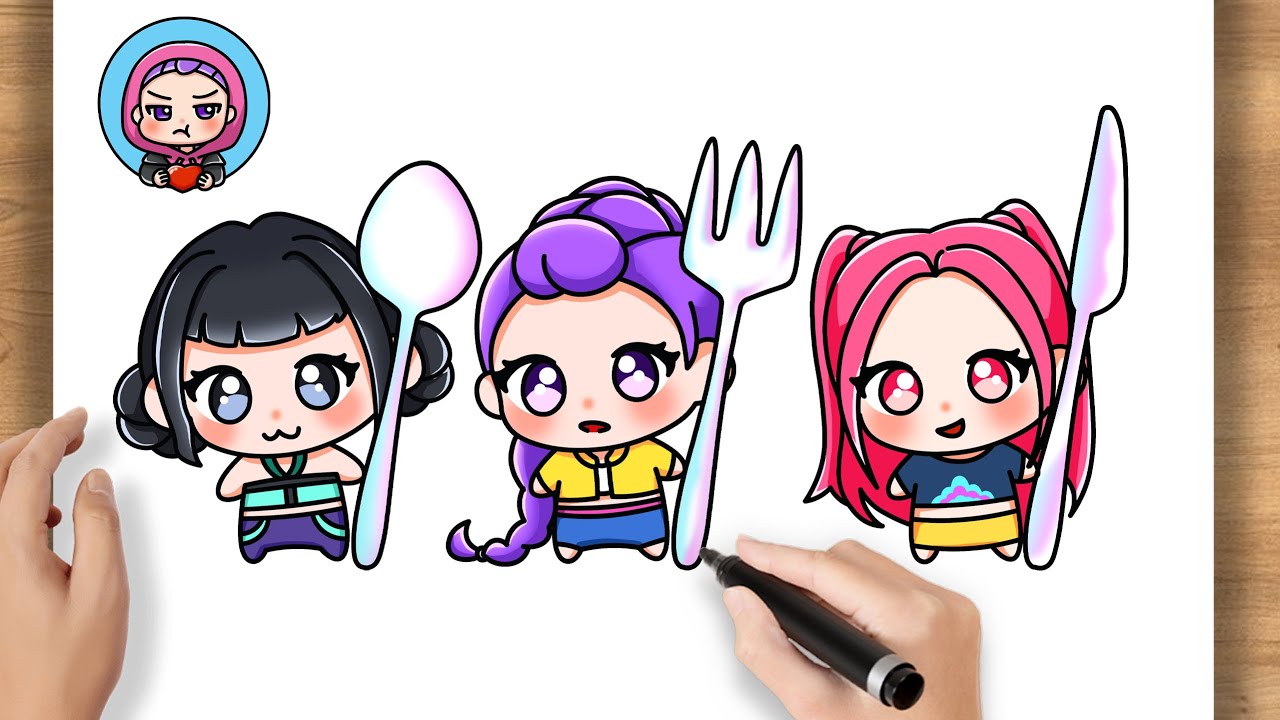 How to Draw Huntrix Rumi Zoey Mira Chibi Easy Kpop Demon Hunters Step ...