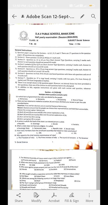 Dav Class 9 Social Science Half Yearly Examination 2024 25 Question