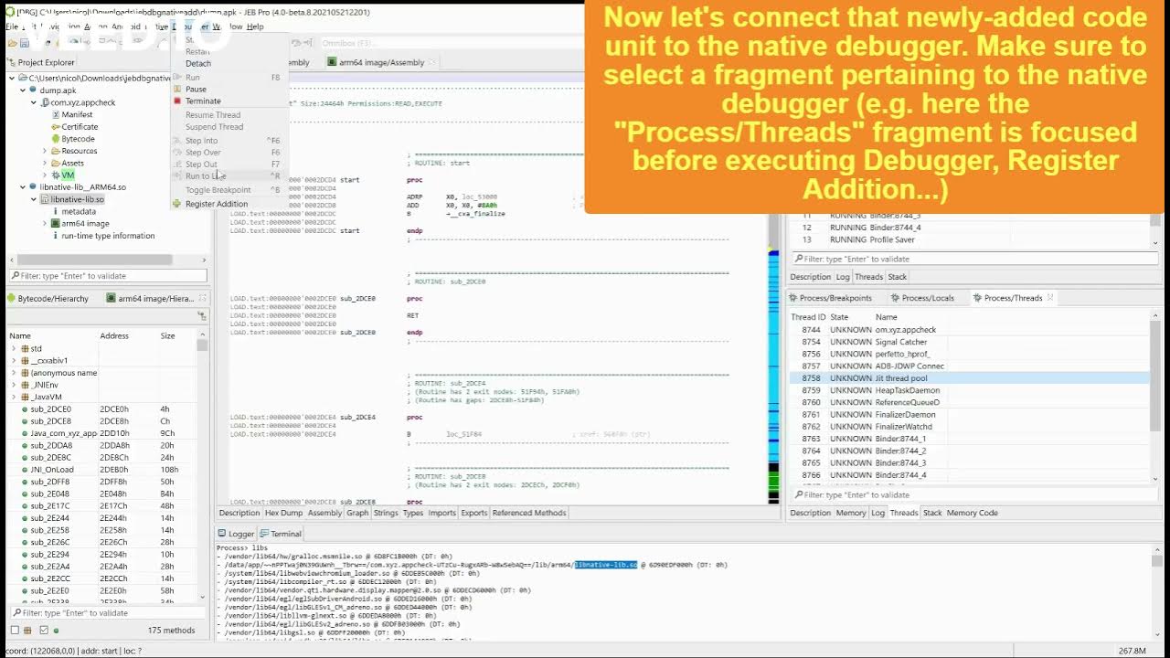 JEB Decompiler - Dynamic addition of native code libraries when debugging an Android APK - YouTube