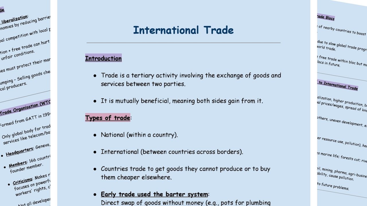 Notes of International Trade Class 12 | World | Geography ...