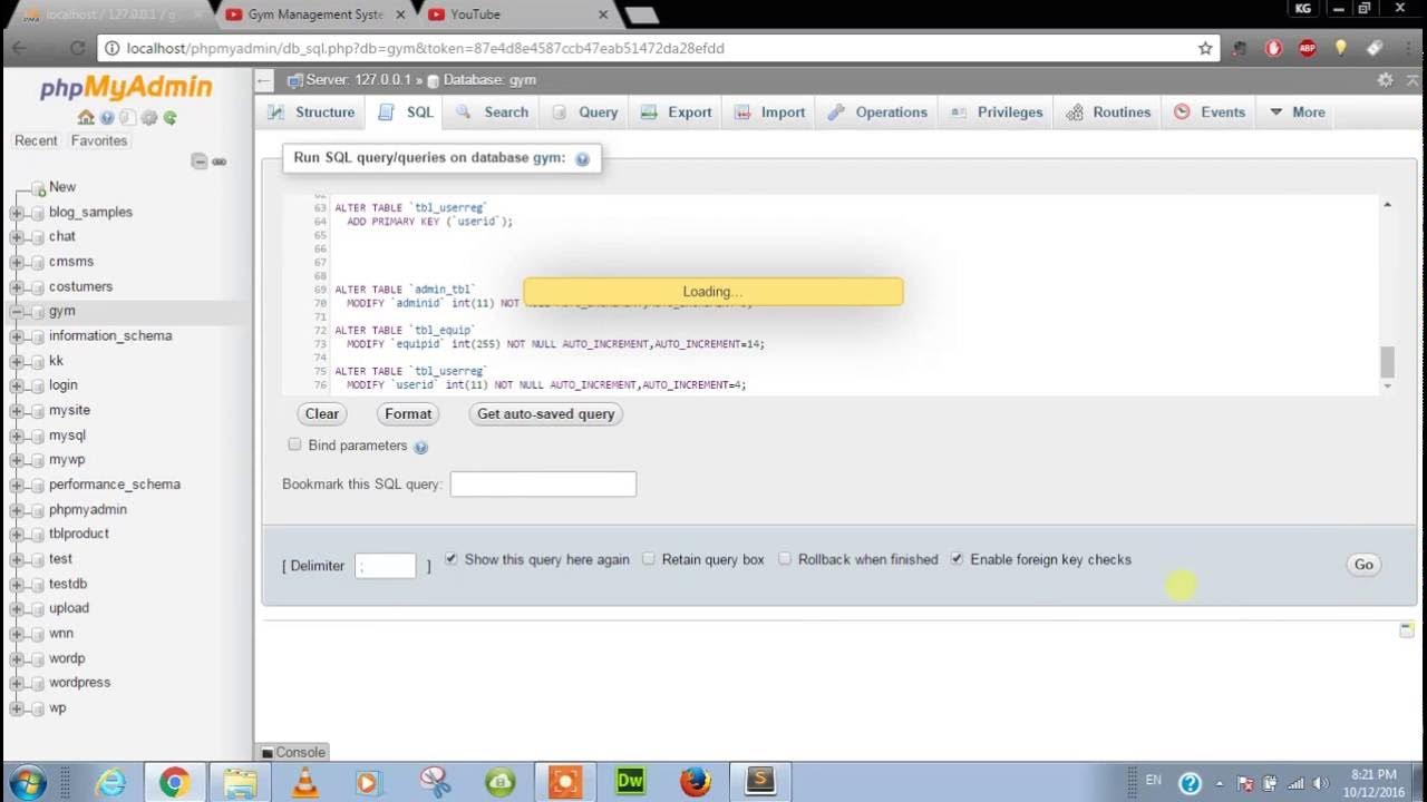 Creating Database and executing sql for gym management system using ...