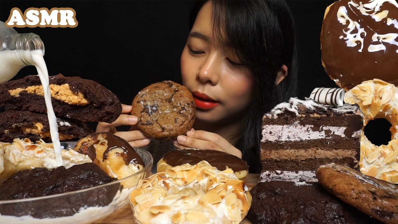 ASMR Soft Giant Cookies, DONUTS, Blackforest CAKE with Milk 🥛 | Eating ...