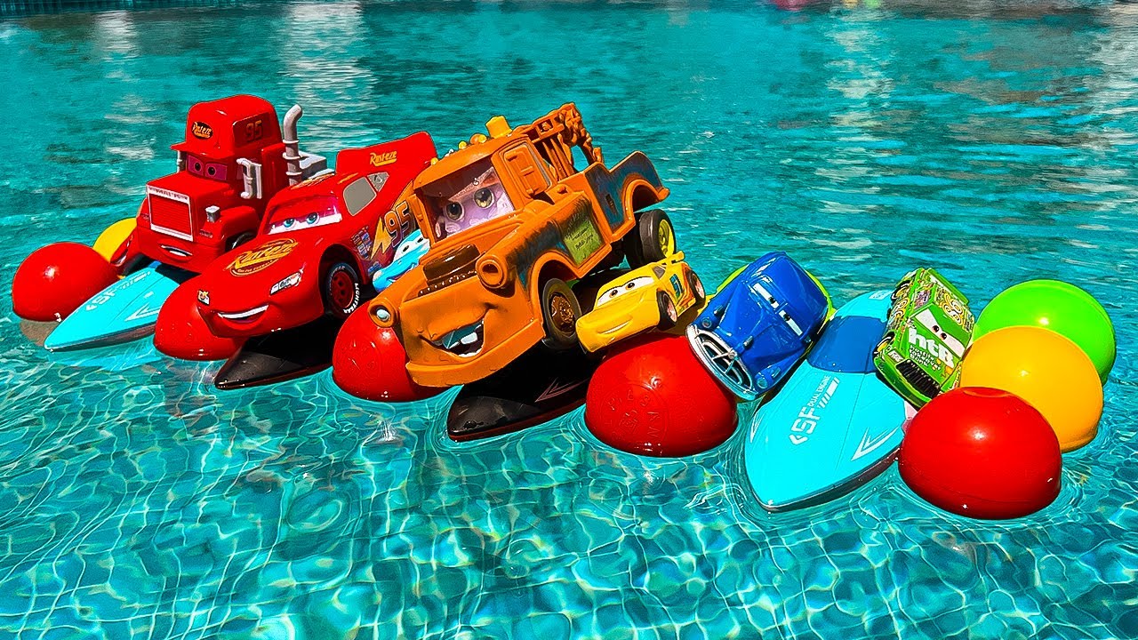Disney Pixar Cars falling into deep pool, Lightning McQueen, Tow Mater ...