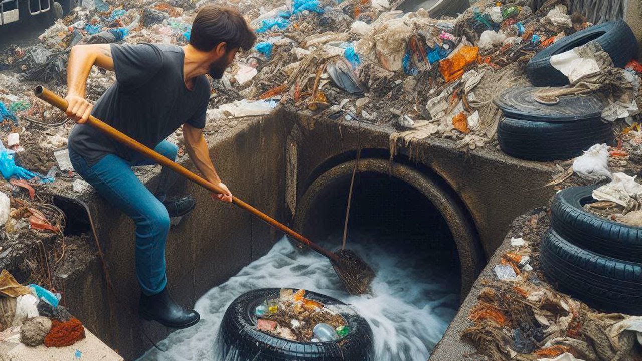 Man strives to remove garbage and debris from clogged sewer after ...