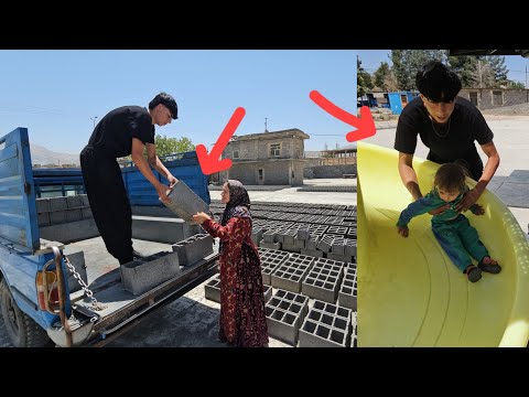 Farzad helps Elham and her children prepare the blocks.