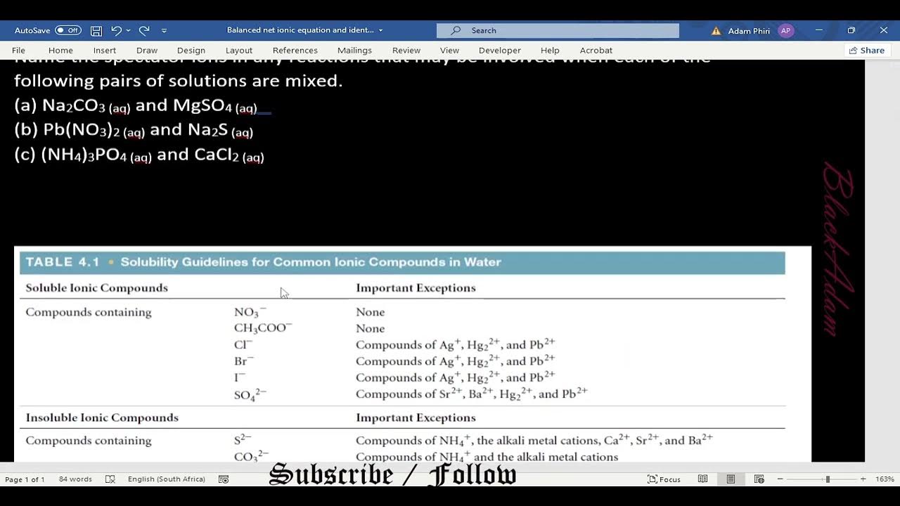 Using solubility guidelines table to determine net ionic equation and identifying spectator ions ...