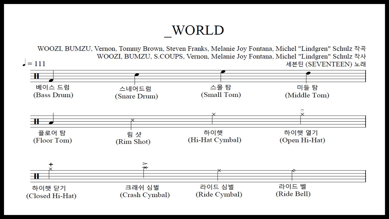 세븐틴 Seventeen World 월드 드럼악보 Drum Score 카운트인 쉬운악보 Youtube