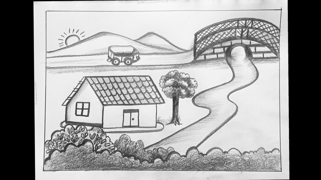 How to draw a very easy landscape drawing with pencil - YouTube