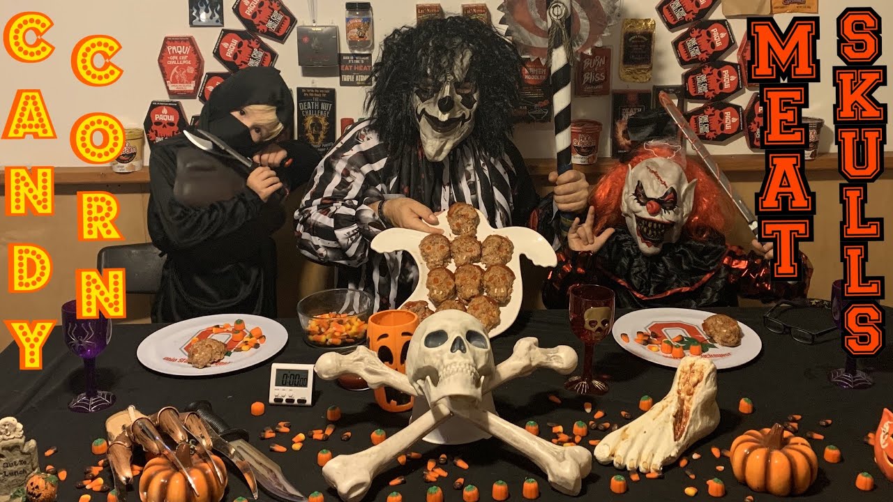 Halloween Candy Corn and Skull Food Challenge, Spooky Skull stuffed ...