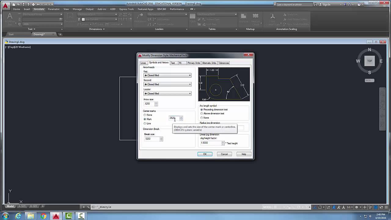AutoCAD I 16-06 Dimension Style Symbols and Arrow Tab - YouTube