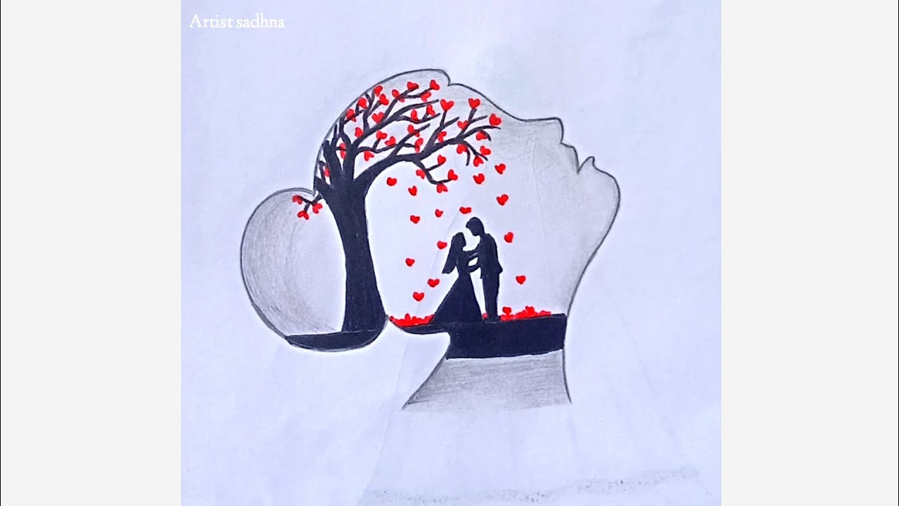 How to draw Romantic couple scenery inside a girl's face 💚 // Couple ...