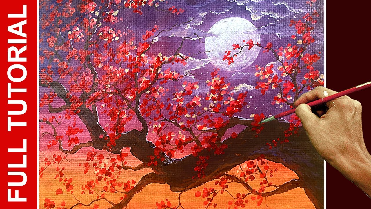 Japanese Cherry Blossom Painting Tutorial Moonlit Cherry Blossom