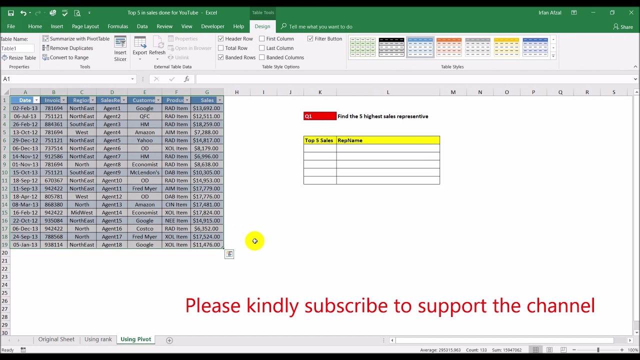 Top 5 using "RANK" and using Pivot table - YouTube