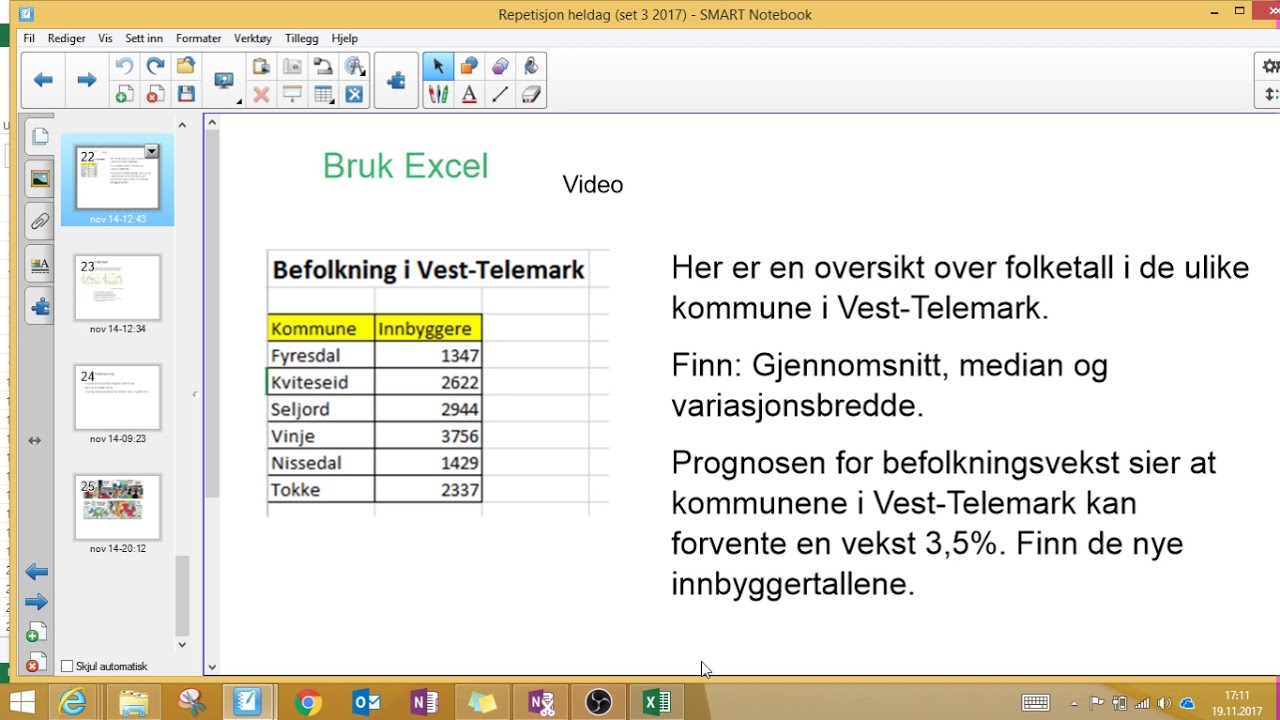 Excel, gjennomsnitt, median, variasjonsbredde og prosent vekst - YouTube