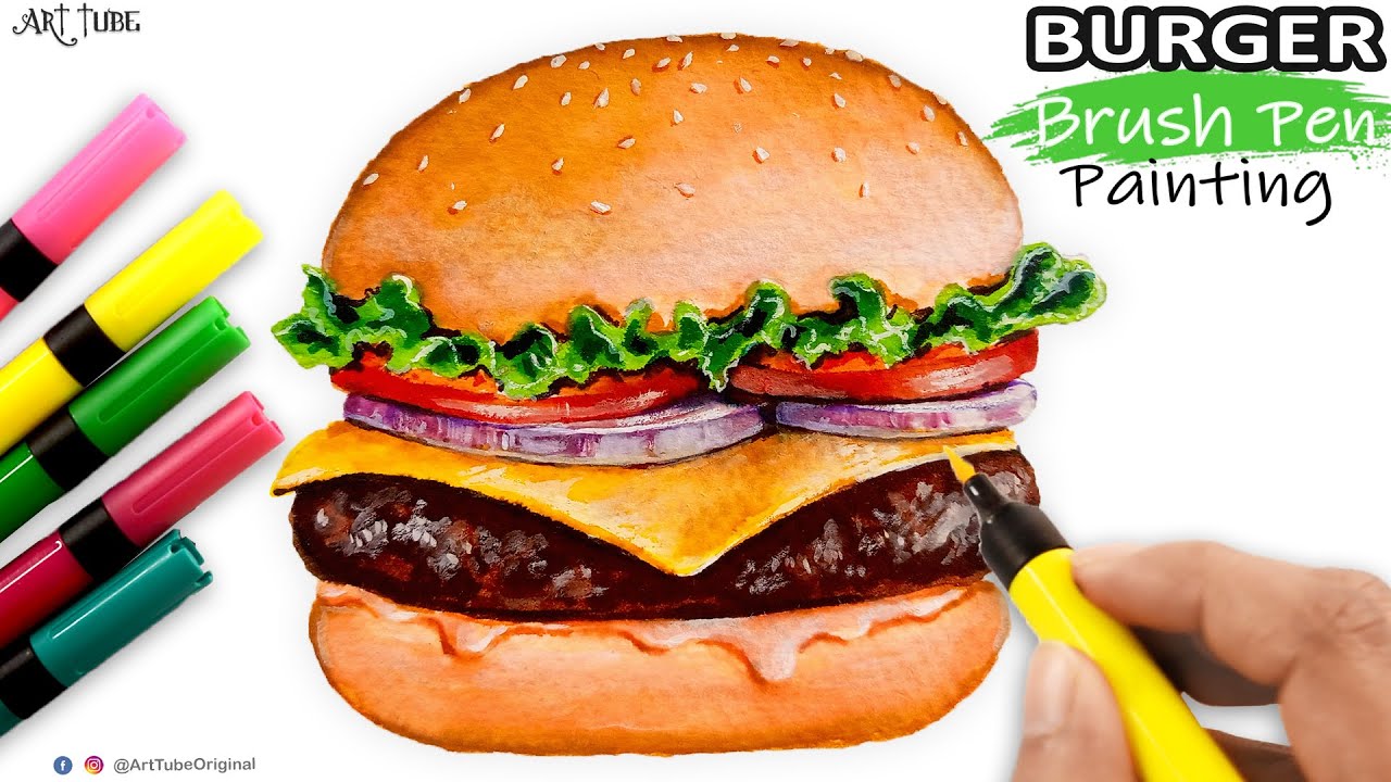 BURGER Realistic Drawing with Brush Pen | Food Painting | BRUSH PEN ...