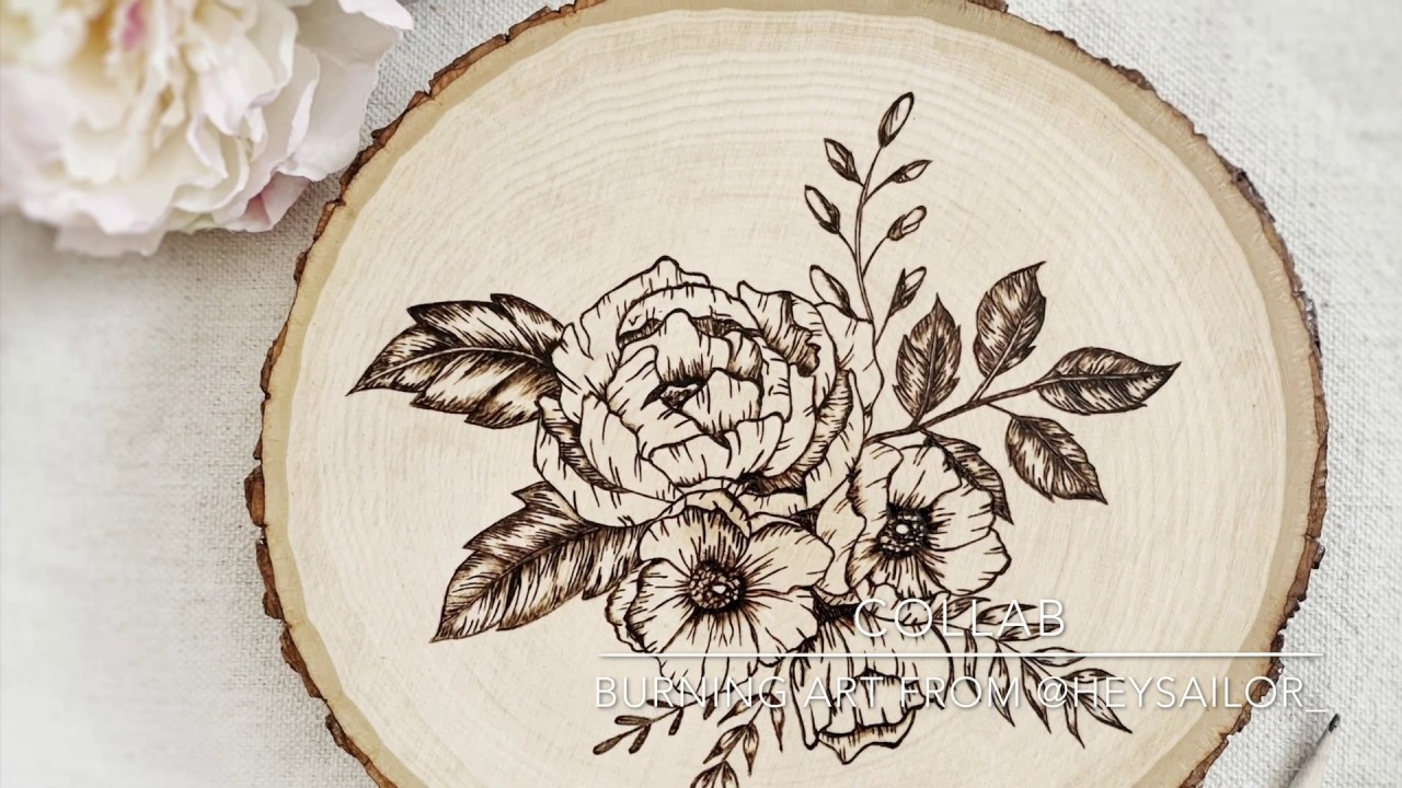 Flower Pyrography Art Meets Ink Drawing, Artist Collaboration: Wood ...