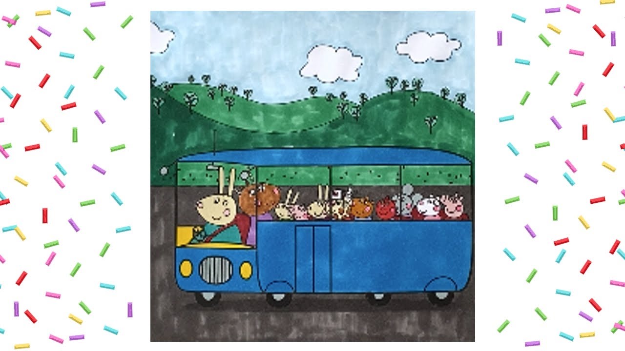 Coloring Peppa Pig and Friends Riding in School Bus Color Page with ...