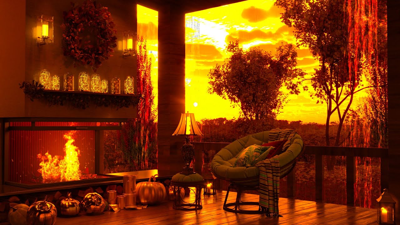 Rainy Autumn Evening Ambience on Cozy Porch With Relaxing Fireplace ...