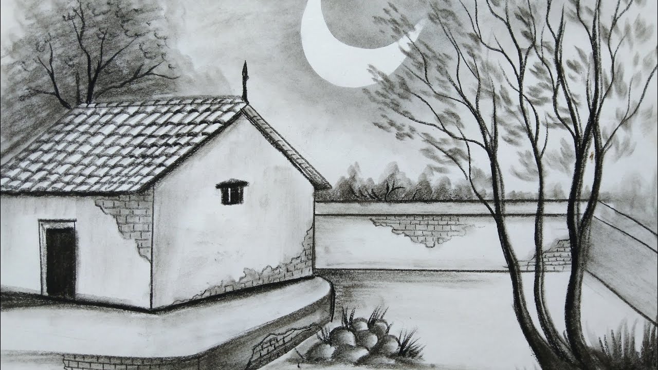 How to draw easy scenery drawing beautiful landscape village | sunrise ...
