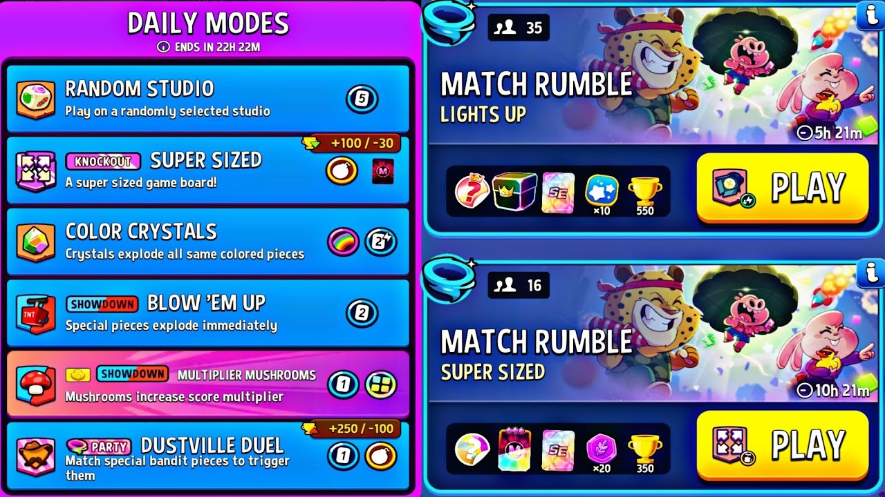 daily modes & rumble | party rumble | show down | super sized | lights ...