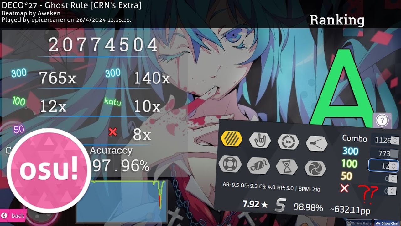 osu! | another 600pp choke (Ghost Rule - CRN's Extra, 425pp, 632pp if ...