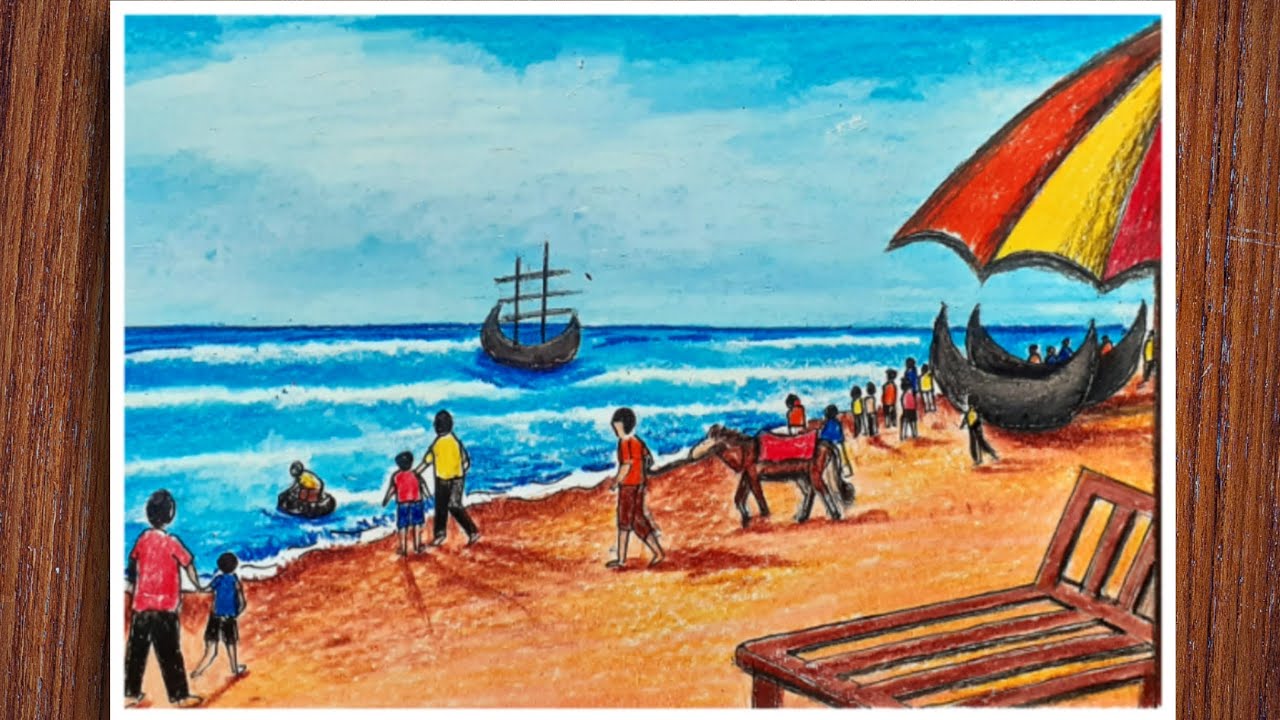 How to Draw a Scenery of Sea Beach || Sea Beach Scenery Drawing Step by ...