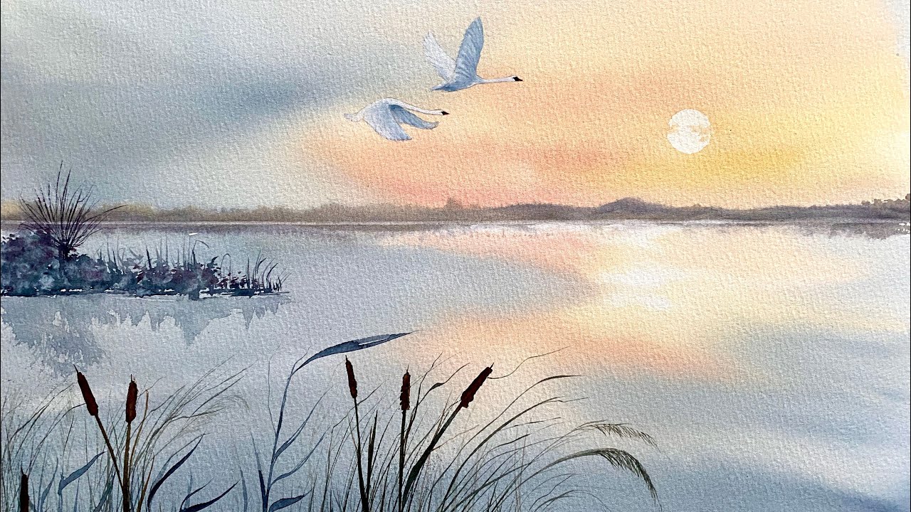 BEGINNERS SUNSET MARSHLAND Reflections, Beautiful Watercolor Landscape ...
