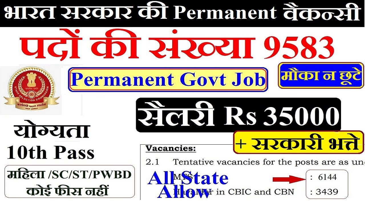 CENTRAL GOVT. PERMANENT VACANCY 2024 | ANY 10TH PASS APPLY | महिला /SC ...