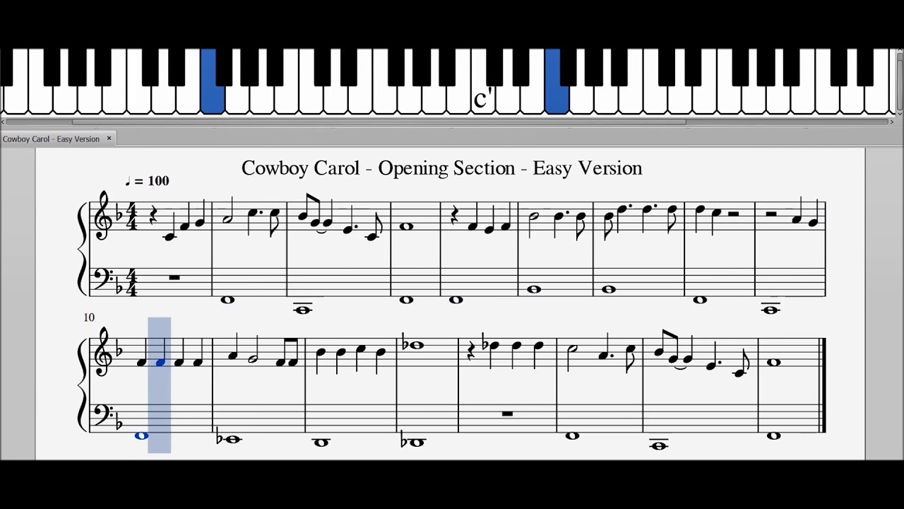 The Cowboy Carol - Opening Section - Easy Piano Sheet Music Version ...