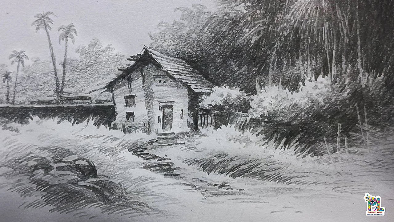 How to draw A Village Scenery Art with Pen Pencil | Pencil Shading ...