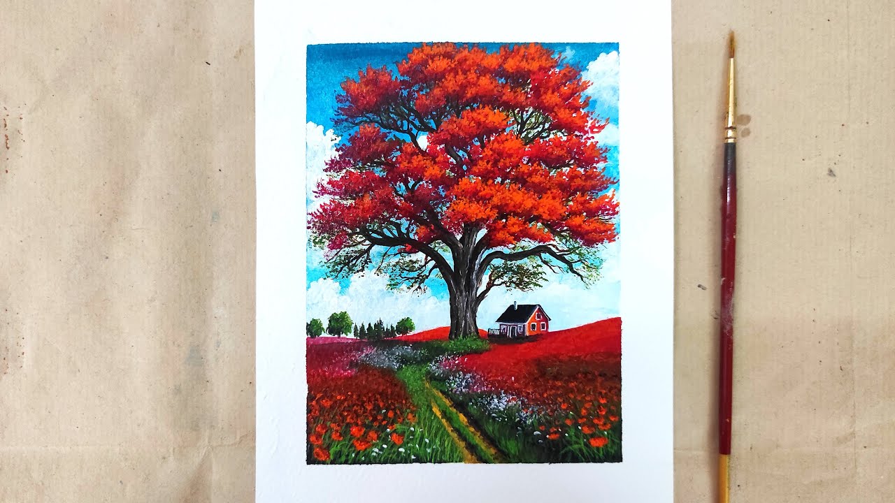 How to Paint a Gorgeous Red Tree! No.20 | Acrylic on Paper - YouTube