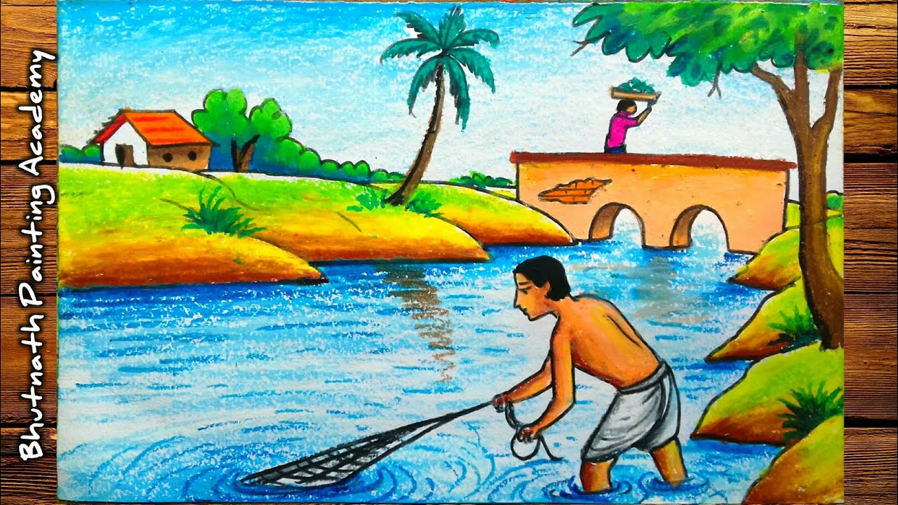 how to draw fisher man scenery with oil pastel color tutorial - YouTube