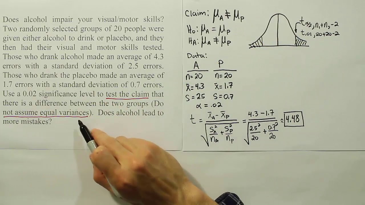 t-Test for the Difference between Two Means, Problem 2 - YouTube