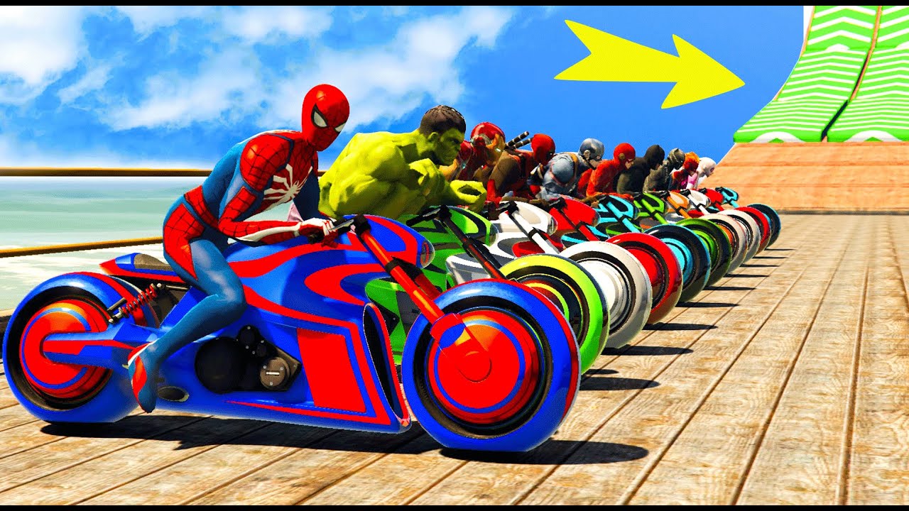 HOMEM ARANHA, HULK HOMEM DE FERRO E AMIGOS HEROIS SALTANDO DE MOTO NA ...