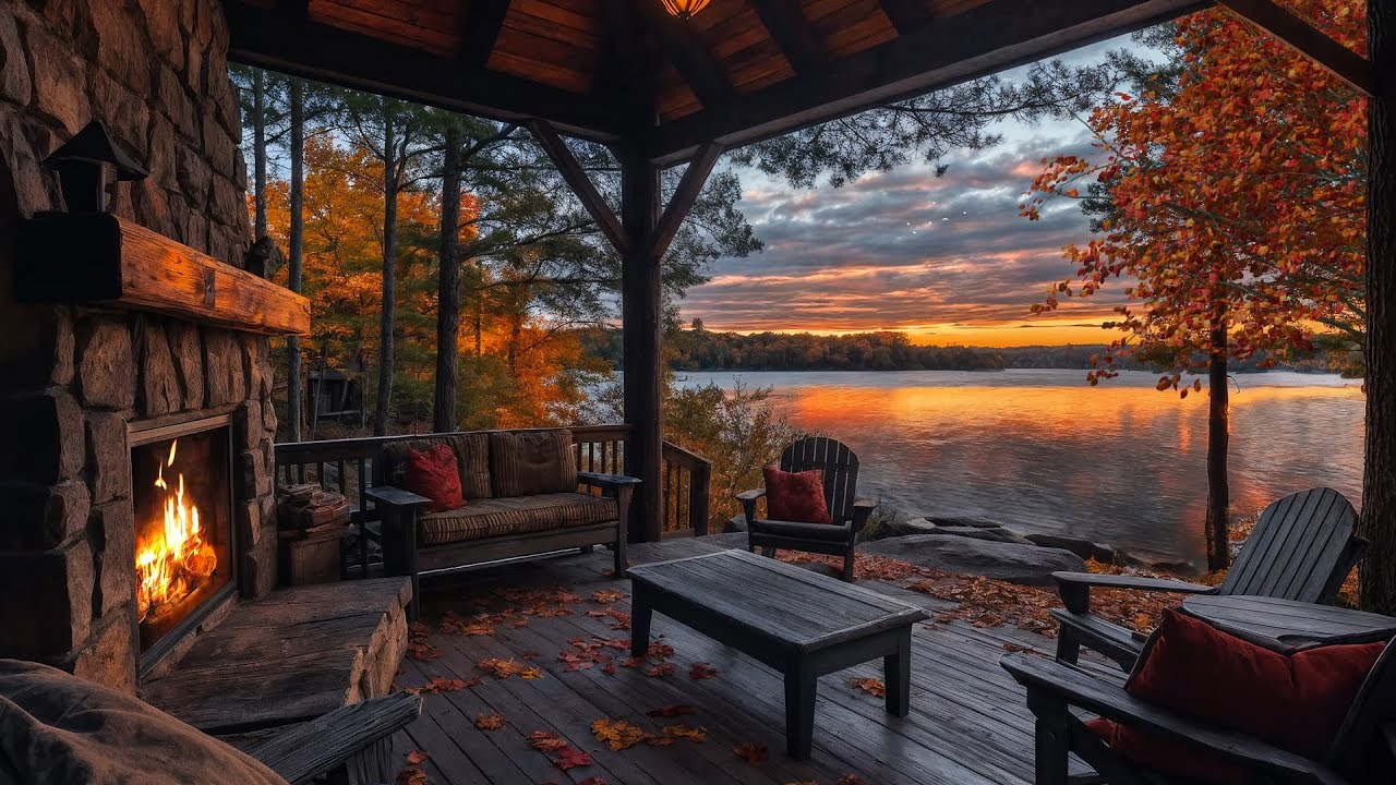 Autumn Cabin Ambience 🍂🔥 | Soothing Jazz and Fireplace Sounds on the ...