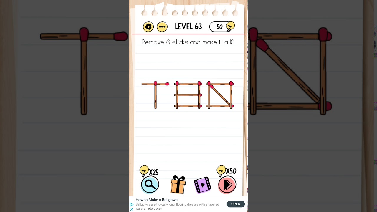 Brain Test Level 63 Remove 6 sticks and make it a 10 - YouTube