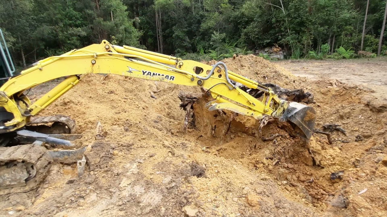 Crack! The Stump is toppled! Yanmar VIO-55B beats root - YouTube