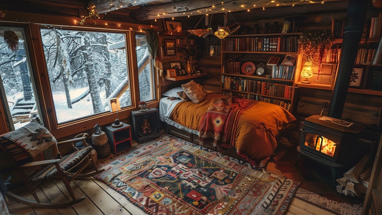 🔴Cozy Cabin in Winter Snowstorm Ambience | Relaxing Snow and Crackling ...