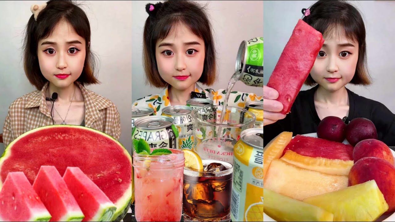 ASMR | mukbang chinese fruits | eating watermelon | soft drinks | cow ...