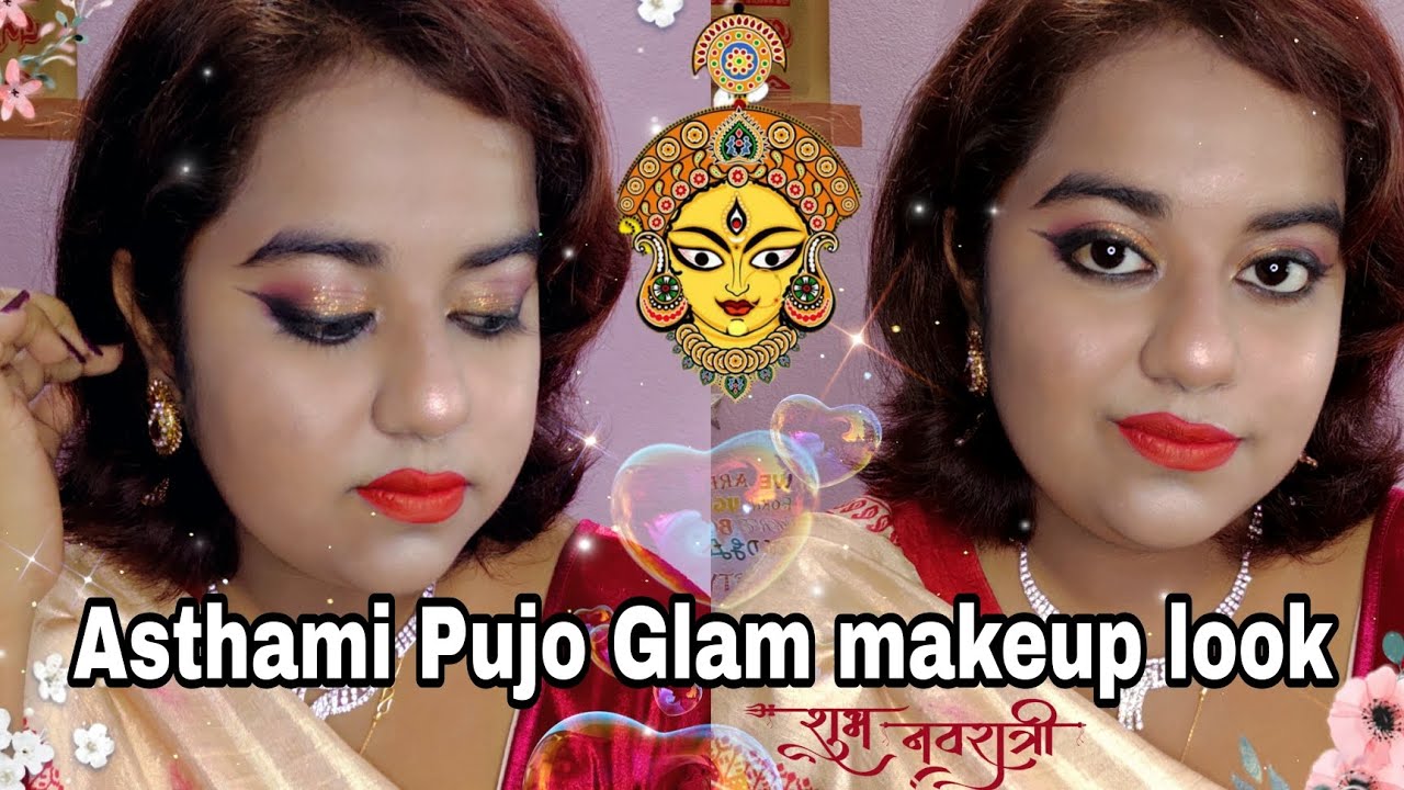 Durga Puja Glamm makeup look | Makeup transformation | Asthami look ...