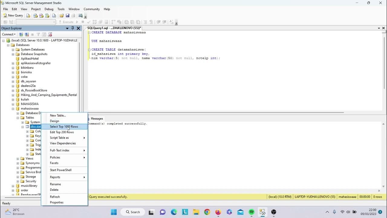 cara membuat database dan tabel di sqlserver query sederhana - YouTube