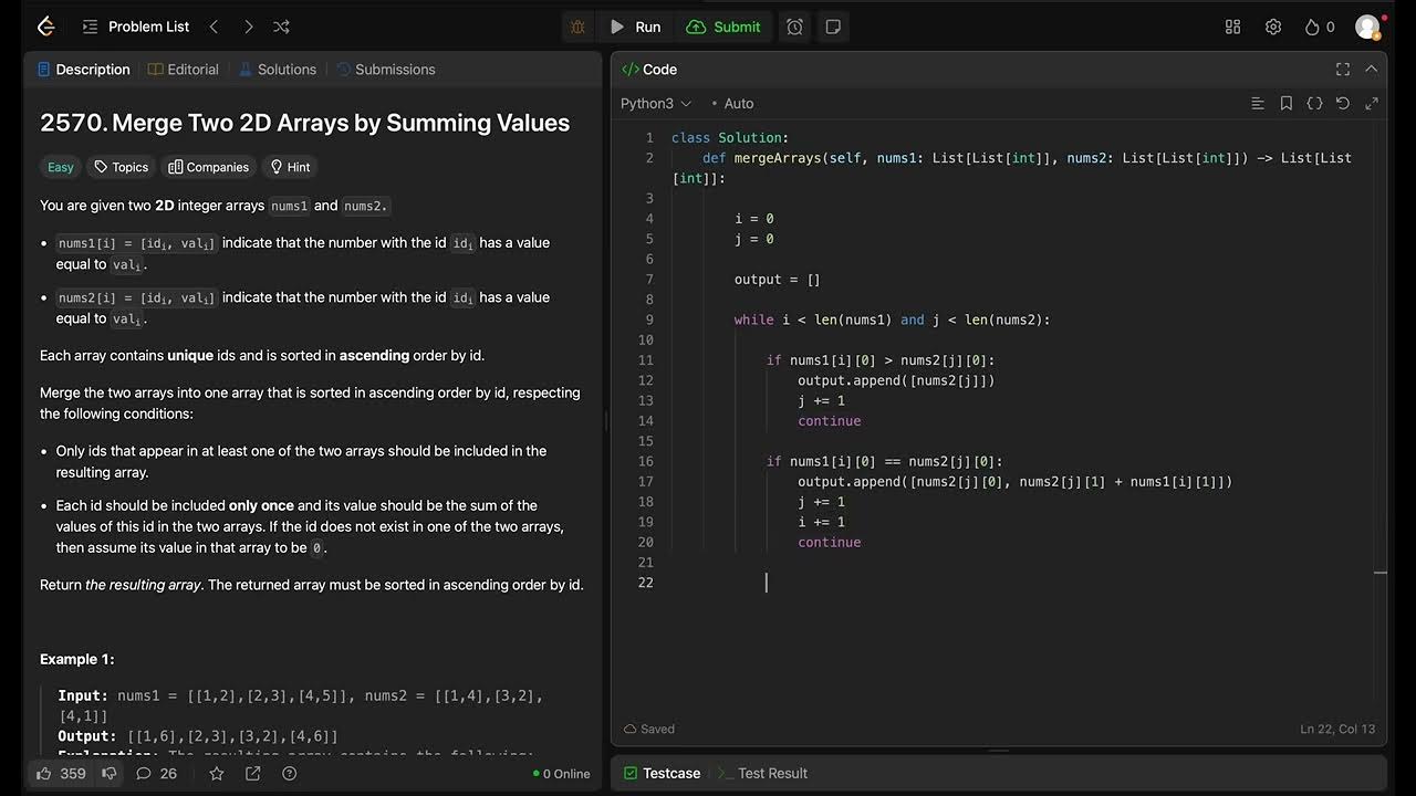 Leetcode 2570 - Merge Two 2D Arrays by Summing Values - Python - YouTube
