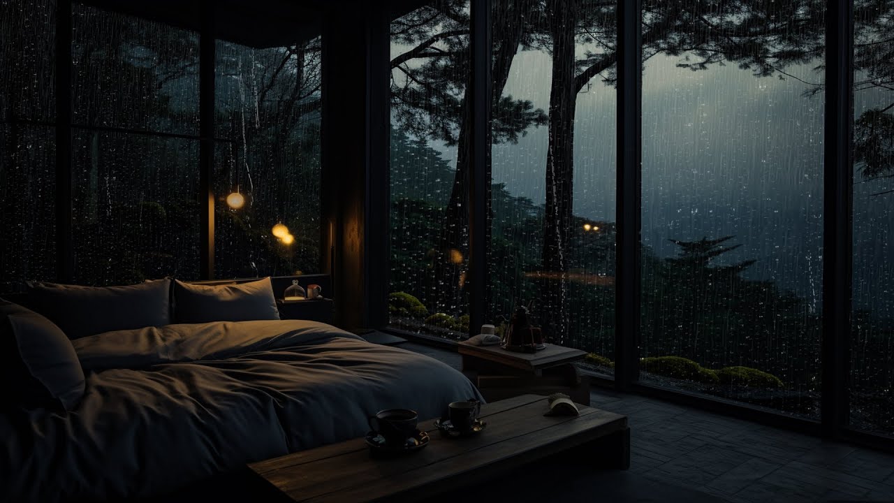 Rain on Window | Cozy Bedroom with Rain Sound at Forest Night for ...