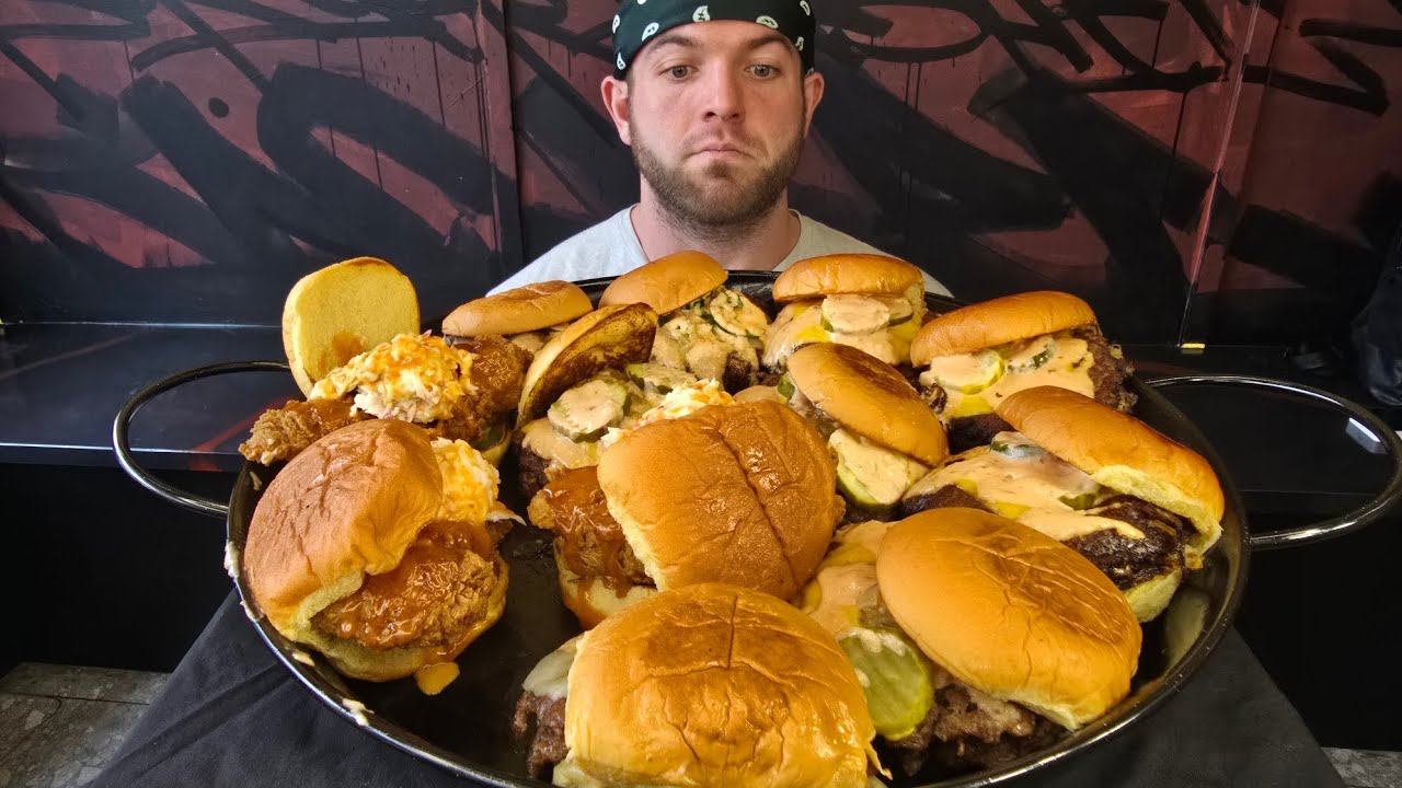 LUNCH FOR 12?! CAN I DEFEAT THIS HUGE 10 LB BURGER CHALLENGE? 9 TRIPLE ...