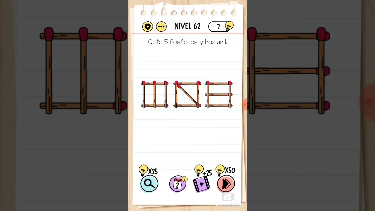 Cómo pasar el nivel 62 de Brain Test "Quita 5 fósforos y haz 1". - YouTube