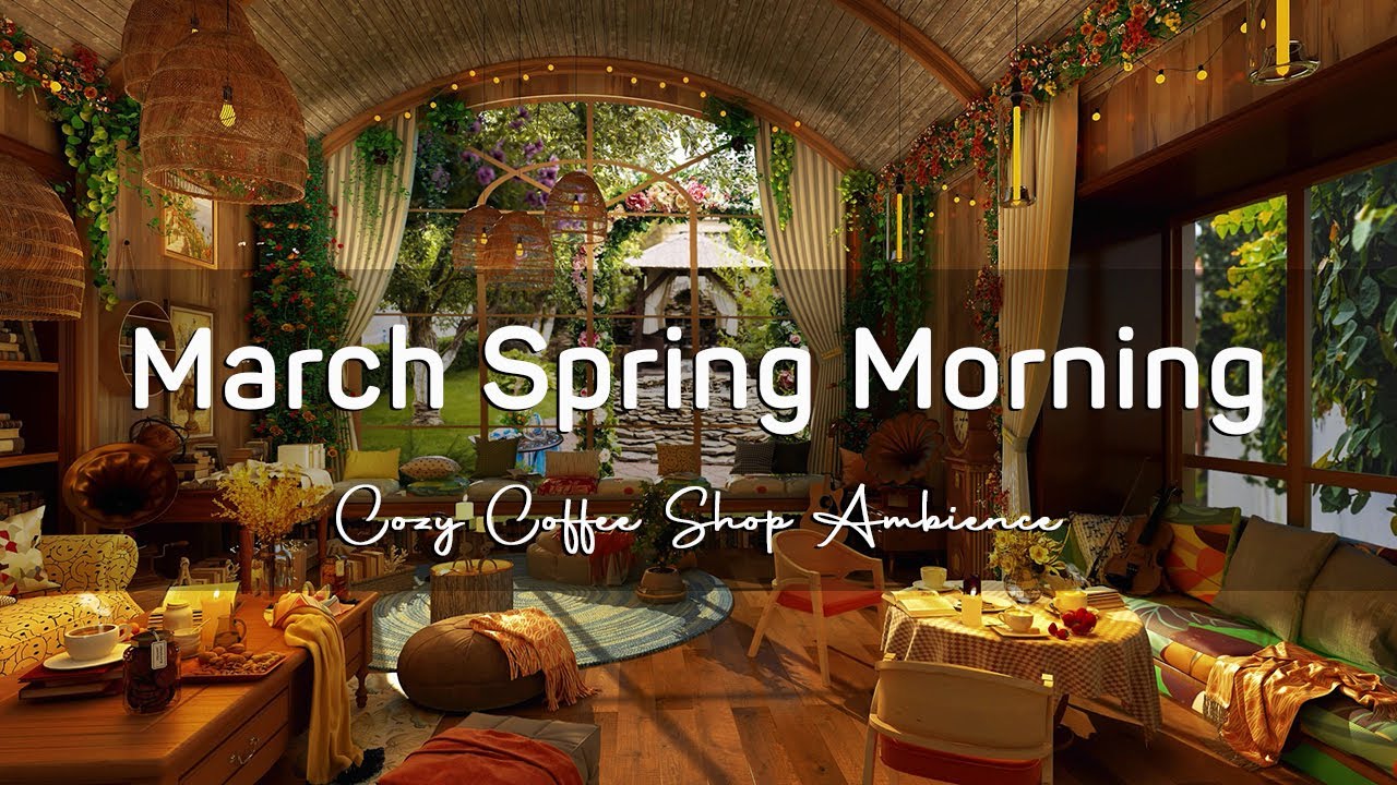 Happy March Spring Morning & Cozy Coffee Shop Ambience ☕ Relaxing Jazz ...